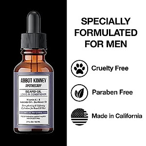 ABBOT KINNEY APOTHECARY Softening Beard Oil, Strengthens and Conditions Beards, Blend of Natural Oils, 2 oz (Wood Reserve)