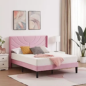 VECELO Full Size Upholstered Platform Bed Frame with Fabric Headboard,Wooden Slats Support/No Box Spring Needed/Mattress Foundation/Easy Assembly,Pink
