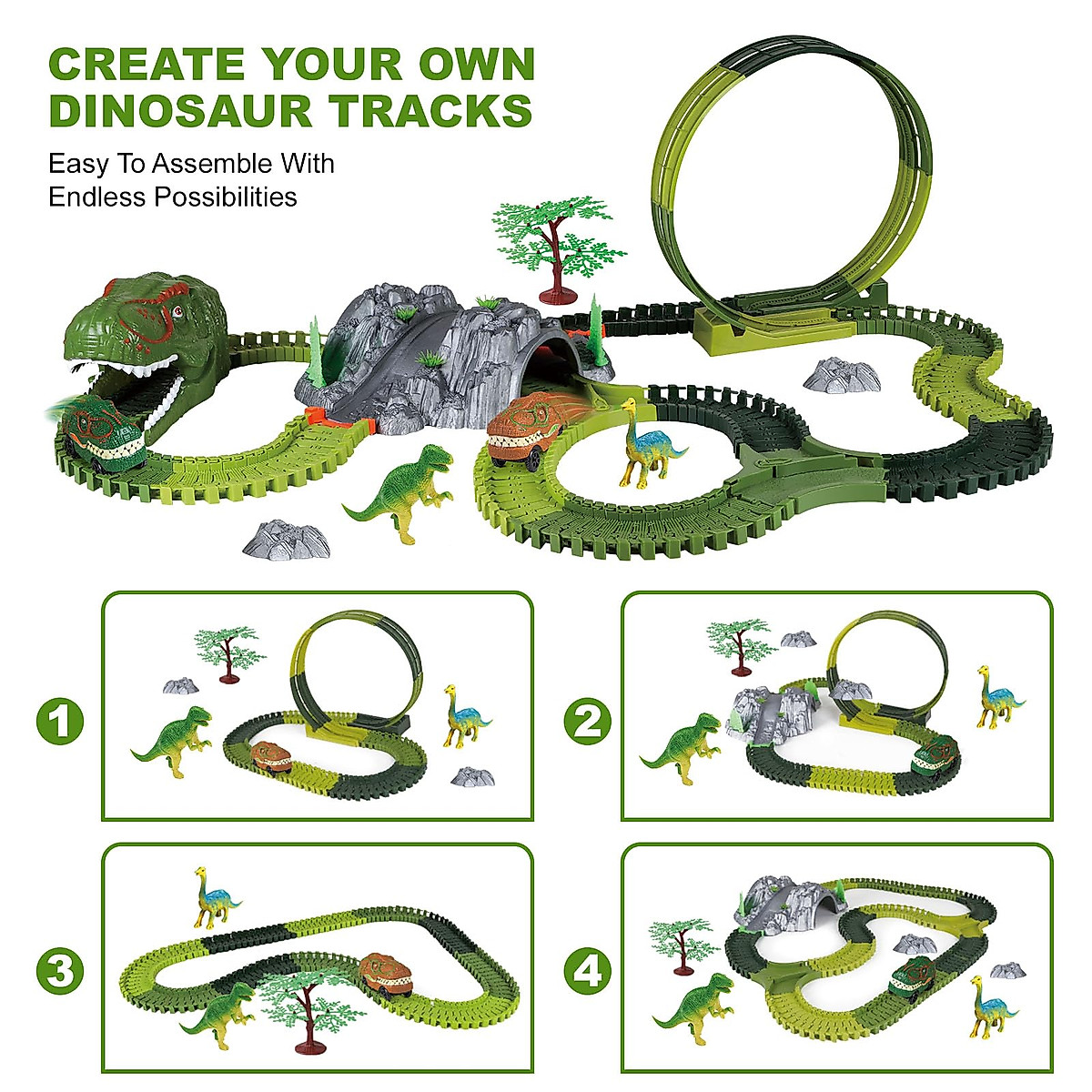 Dinosaur Track Toy Set, 194pcs Flexible Track Toy Set with Dino Car, 360 Degree Rotation Car Track Toy, Create A Dinosaur World Road Race, Dinosaur Toys Track for Kids Ages 3 4 5 6 7 Year Old Boy Girl