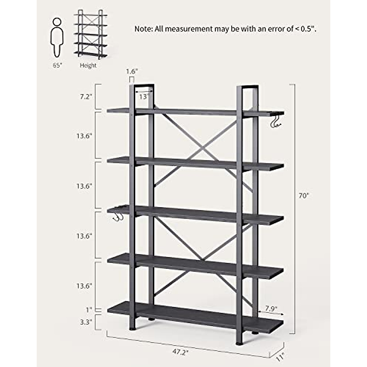Gizoon 5 Tier Bookshelves for Storage, Industrial Tall Wood Bookshelf with 4 Hooks, Metal Frame Display Shelves for Bedroom, Living Room, Kitchen, Black