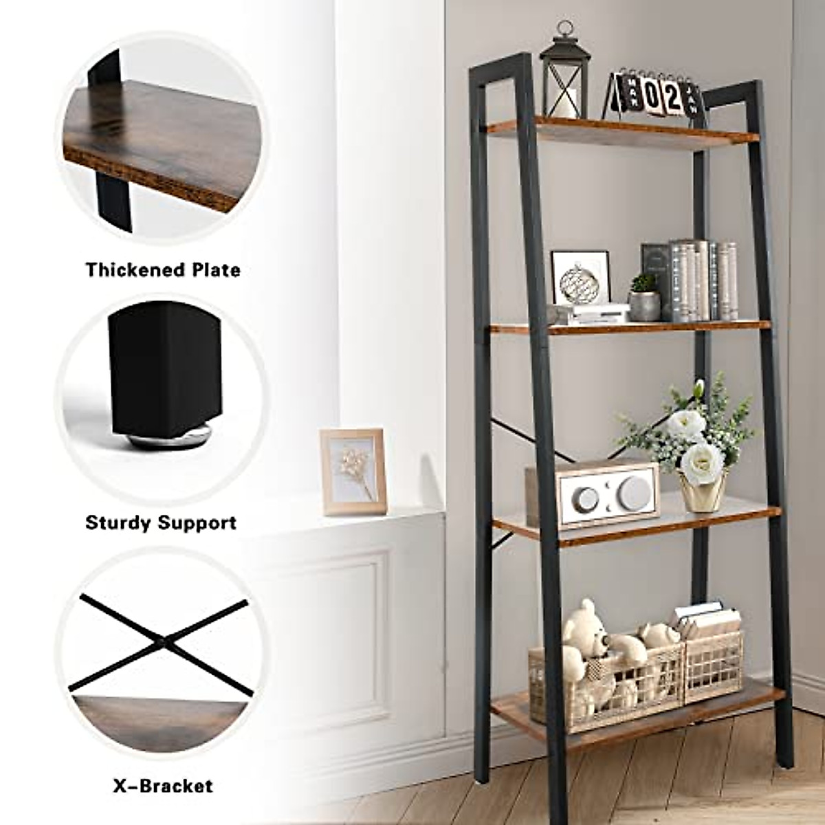 ECOMEX 4-Tier Ladder Shelf Industrial Bookshelf, Ladder Bookshelf Open Storage Rack Wood Ladder Shelf with Metal Frame, Freestanding Storage Shelves for Home Office, Bedroom (Rustic Brown)