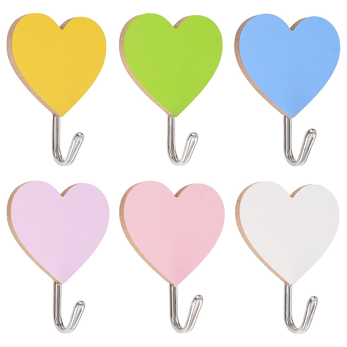 MOROBOR Wood Heart-Shaped Self-Adhesive Hooks, 6pcs Strong Self-Adhesive Wall Hooks for Bathroom Kitchen Office/Mixed Color
