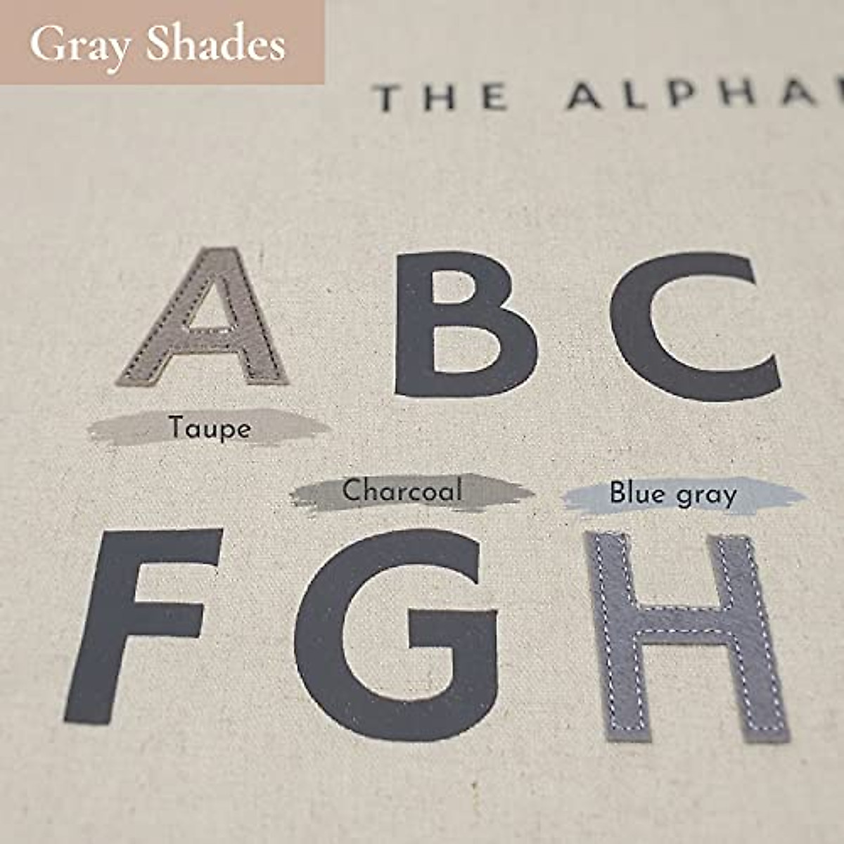 Bon et Beau 16 x 24 Inch Embroidered Alphabet Poster Framed with Wood Hanger - Neutral Gray Wall Decor for Boys Nursery, Bedroom, Playroom, Toddler and Kids Room