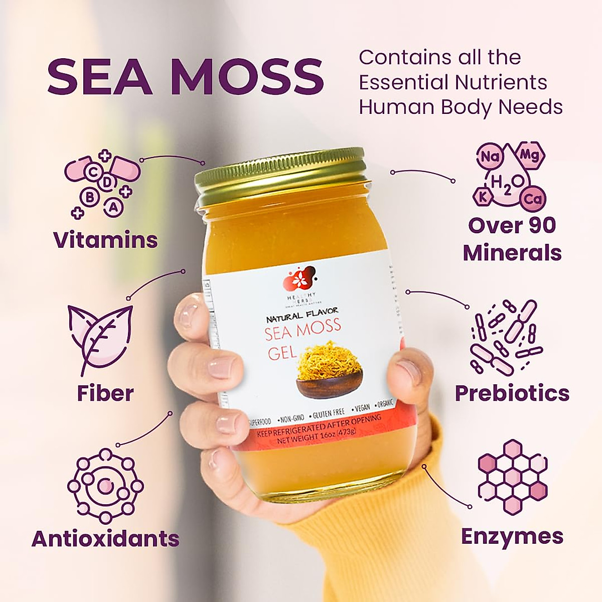 Healthy Herbs Sea Moss Gel (Natural) Wildcrafted from Jamaican St Lucia Gold Seamoss | Wild-Harvested Superfood With Over 90 Essential Vitamins & Minerals | Vegan, Non-GMO, US-Made (16 oz.)