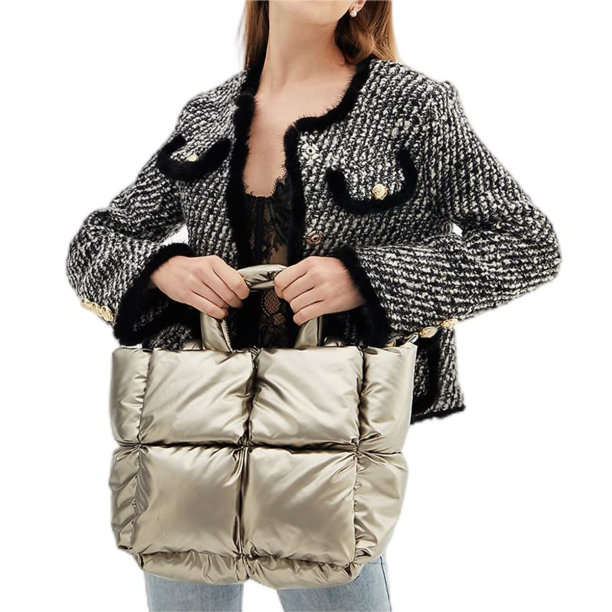 Trendy Puffer Tote Bag, Lightweight Padding Shoulder Bag, Winter Shoulder Bag (Bronze)