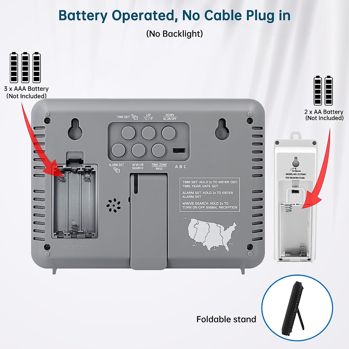 WallarGe Atomic Clock with Indoor Outdoor Temperature, Self-Setting Digital Wall Clock Battery Operated, 4 Time Zones, DST