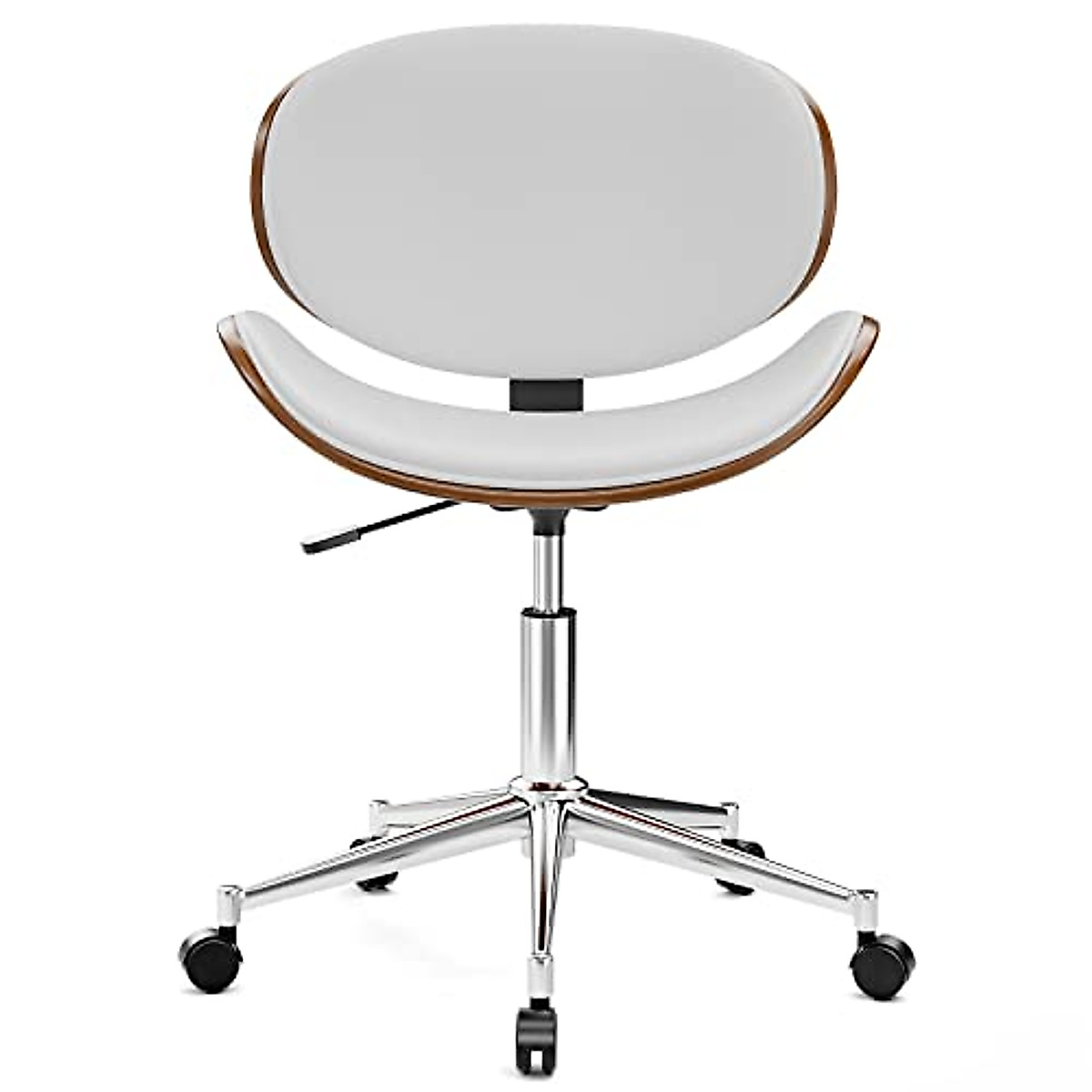 OKAKOPA White Desk Chair Small Office Chair 360° Swivel Height Adjustable Modern Office Chair Ergonomic Curved Wood Desk Chairs Leather Armless Desk Chair with Wheels (White)