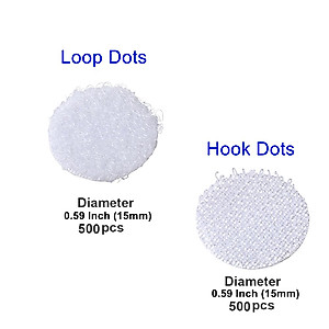 Self Adhesive Dots, 1000Pcs(500 Pair Set) 0.59 Inch / 15mm Diameter Hook and Loop Dots Tape, 15mm Nylon Sticky Back Coins, Suitable for Classroom, Office, Home, White