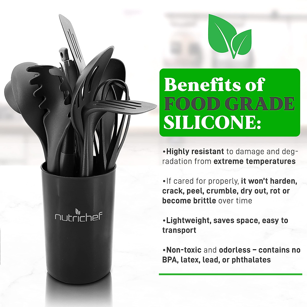 NutriChef 10 Pcs. Silicone Heat Resistant Kitchen Cooking Utensils Set-Non-Stick Baking Tools with PP Holder (Silver & Black), 1