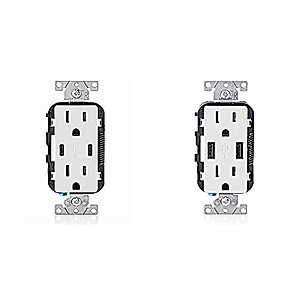 Leviton T5635-W USB Dual Type-C with Power Delivery (PD) In-Wall Charger & T5632-W 15-Amp Charger/Tamper Resistant Duplex Receptacle, 1-Pack, White