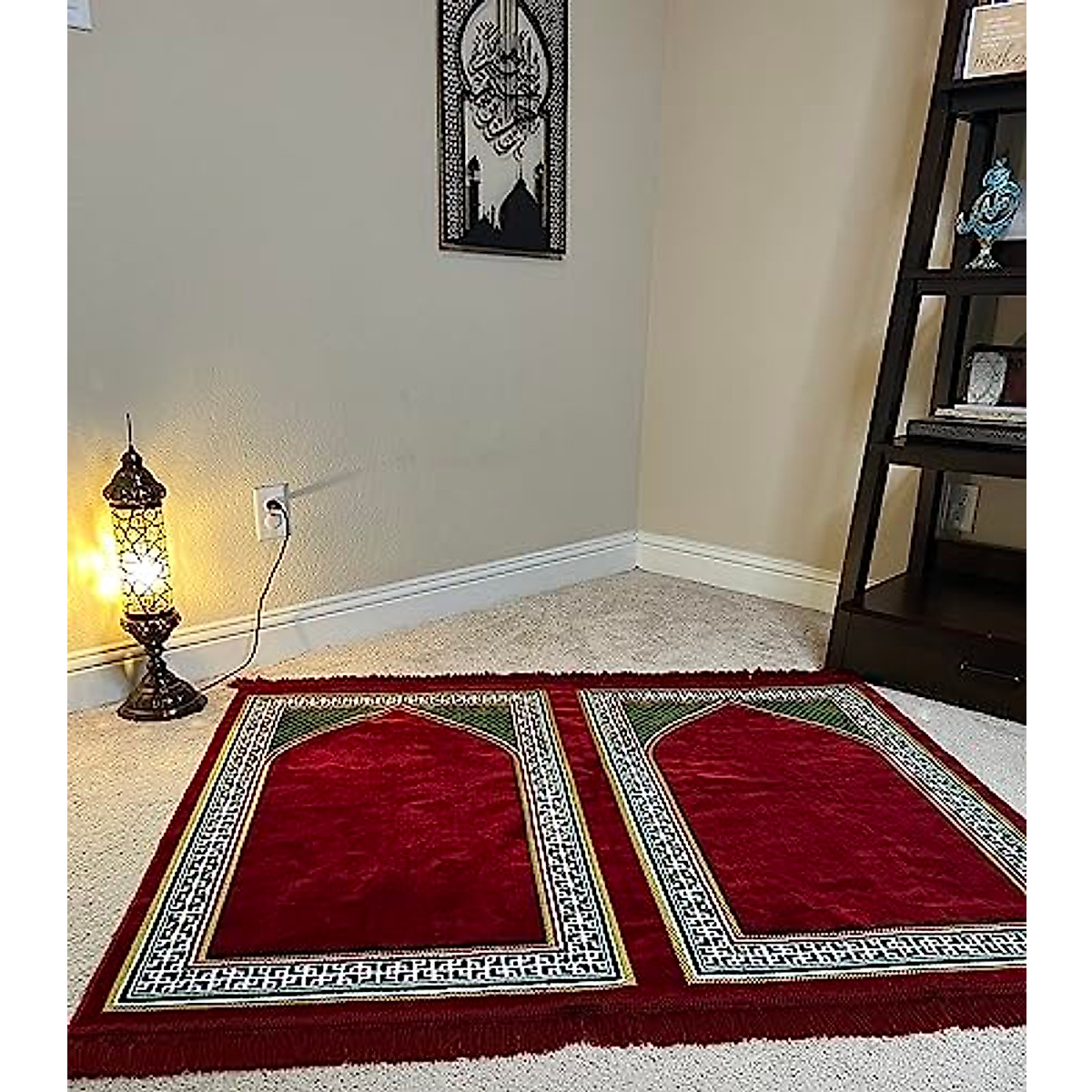 Modefa Turkish Islamic Prayer Rug - Wide Velvet Praying Mat - Multi Person Muslim Janamaz Sajada for Family - Group Praying Carpet - Solid 2 Person (Red)