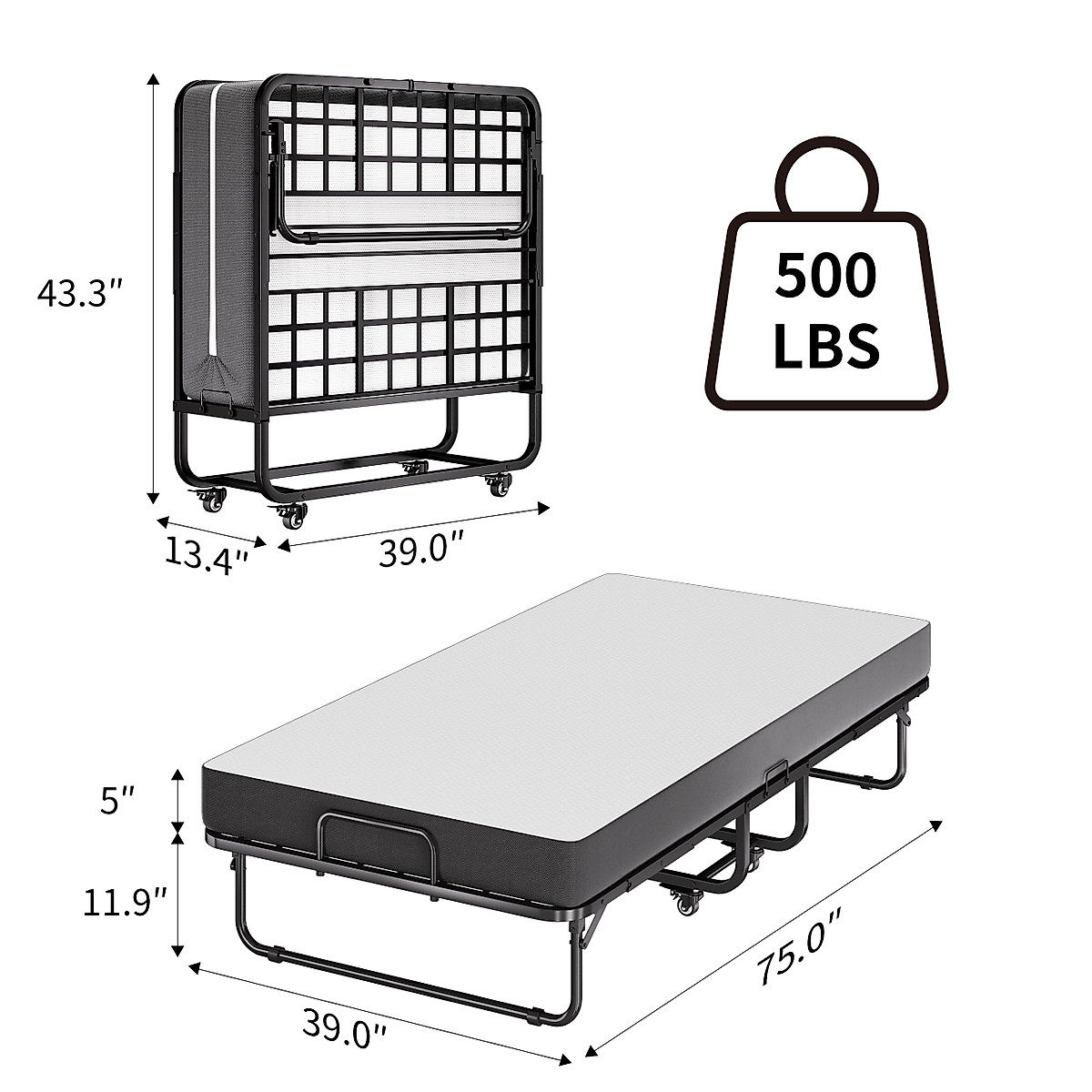 Folding Bed with Mattress 5" Memory Foam, 75" x 39" Portable Foldable Bed for Adults, Twin Rollaway Bed Guest Bed for Bedroom, Office, Camp, Space-Saving, Capacity 500lbs