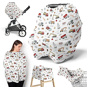 Sweet Jojo Designs Red and Blue Construction Truck Boy Infant Baby Car Seat Cover Nursing Breastfeeding Shopping Cart Stroller Canopy - Grey Yellow Orange Brown Black and White Transportation