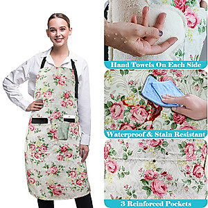 2 Pack Aprons for Women with 3 Pockets, Adjustable Waterproof Kitchen Bib Apron with 2 Towels for Chef Servers Grilling Cooking Baking, Plus Size Rose Flowers Aprons for BBQ Painting Gardening