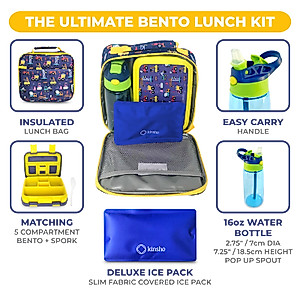 Bundle of Bento Box, Insulated Lunch Bag, Ice Pack & Water Botle Set for Kids - 5 Leakproof Compartments (Blue Yellow Truck) + Toddler Backpack for Boys, Cute 13” (Blue Yellow Trucks)