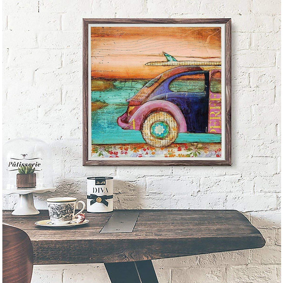 The Perfect Day - Danny Phillips Art Print, Unframed, Purple and Orange Classic Antique Car Artwork, Surfboard Coastal Ocean Nautical Mixed Media Collage Painting, All Sizes