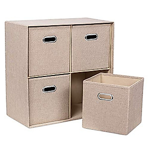 BIRDROCK HOME Cream Linen Cube Organizer Shelf with 4 Storage Bins – Strong Durable Foldable Shelf – Kid Toy Clothes Towels Cubby – Collapsible Bedroom Fabric Shelves and Cubes