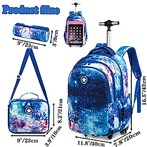 Oruiji Large Rolling Backpack for Boys Backpack with Lunch Box Pencil Case Galaxy Wheeled Backpack Carry on Luggage for Teen Boys
