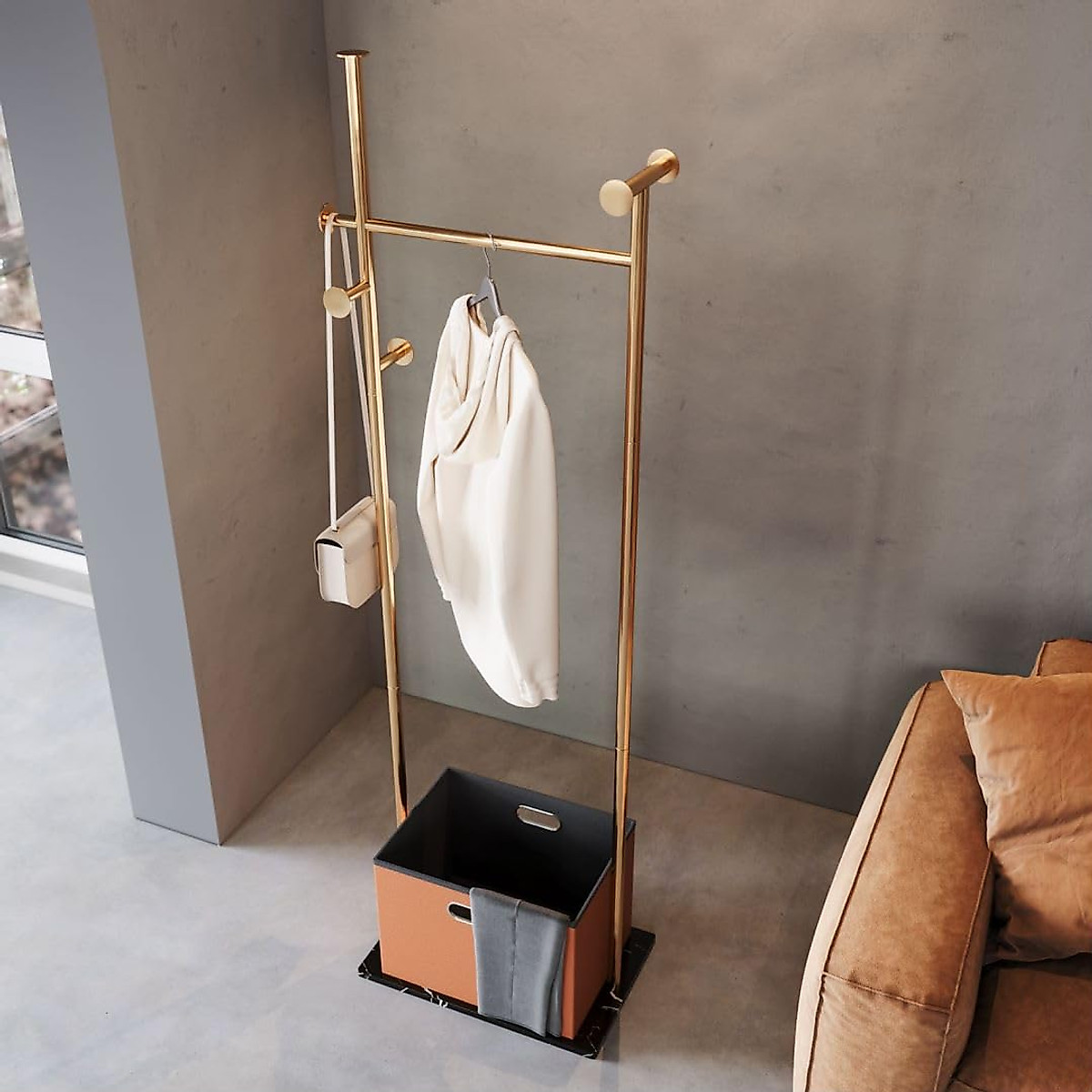 Gold Clothing Rack, Metal Coat Racks Clothes Rack with Natural Marble Base and Hamper, Clothes Racks for Hanging Clothes Skirts, Shirts, Sweaters Jackets