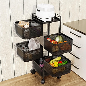 clinmday Rotating Storage Rack for Kitchen, 5-Tier Multi Layer Removable Basket Shelf Organizer on Rolling Wheels Rolling Shelf for Fruit Vegetable Grocery Corns Potato Onion (5-Tier, Black) Black 5-