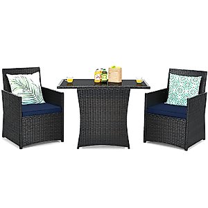 Tangkula 3 Pieces Patio Dining Set, Space-Saving PE Rattan Bistro Set with Tempered Glass Top Table and Cushioned Chairs, Outdoor Conversation Set for Garden Backyard Poolside Porch (Blue)