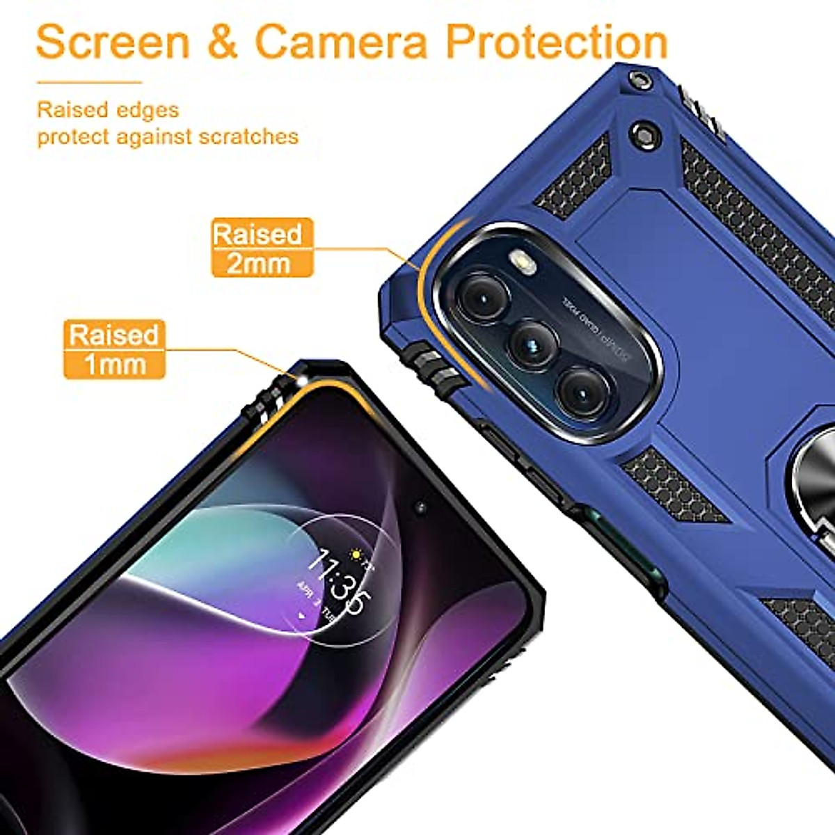 Muntinfe for Motorola Moto G 5G 2022 Case with 2 Pcs Tempered Glass Screen Protector, Military-Grade Armor Shockproof Protective Phone Cover with Ring Magnetic Kickstand for Moto G 5G, Blue