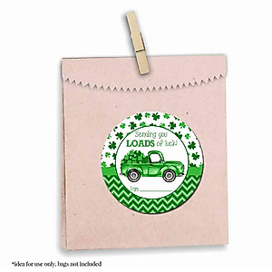 Loads of Luck Green Pickup Truck with Clover St. Patrick’s Day Gift Tag Sticker Labels for Kids, 40 2" Party Circle Stickers by AmandaCreation, Great for Party Favors, Envelope Seals & Goodie Bags