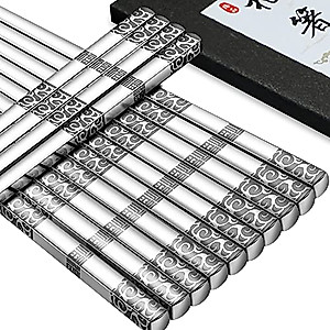 Metal Chopsticks 6 Pairs Stainless Steel Reusable Chopsticks Cute luck Laser Engraved Non-slip Korean Japanese Chinese Chopsticks,18/10 Stainless steel Dishwasher Safe 9 1/4 Inches 6 Pairs(lucky 6)
