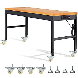 AHB 60" Rolling Workbench Adjustable Height, Oak Wood Work Table with Power Outlets, Max 2000 LBS, Heavy Duty Workstation for Garage Office Home, with Wheels & Feet(Black 60"x 22")