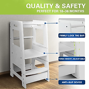 ECOMEX Standing Tower for Toddlers, Toddler Stool for Kitchen Counter Kids Kitchen Step Stool with Safety Rail Toddler Standing Tower with Adjustable Platform for Kitchen Counter, Elegant White