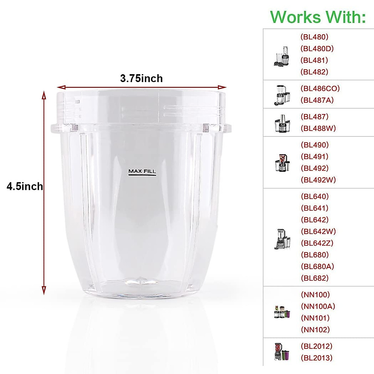Anbige Replacement Parts Cups,Compatible with Ninja Blenders BL480 BL450 BL640 BL490 BL680 NN100 BL682 BL450 BL2012 CT640 CT800 BN400 CL401A SS100 BN750(12oz)