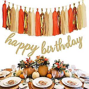 Aonor Tassel Garland, Tissue Paper Tassels Banner for Graduation Party Decorations, Thanksgiving, First Birthday Party Decorations, 20 pcs DIY Kits (Orange+Metallic Gold+Tan+Ivory)