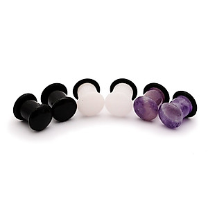 Mystic Metals Body Jewelry Set of 3 Pairs Single Flare Stone Plugs - 2g - 6mm - (White Jade, Amethyst, Black Agate)