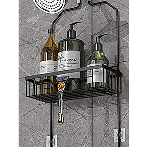 Elbourn Shower Caddy Over Shower Head, Bathroom Hanging Shower Organizer with Hooks, SUS201 Stainless Steel Shower Storage Rack 3 Shelves for Shampoo, Soap and Razor - Black