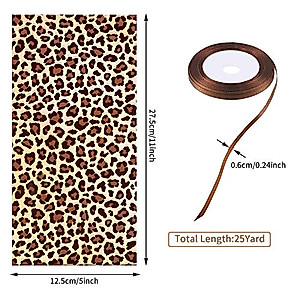 100 Pieces Leopard Print Treat Bags Leopard Candy Bags Easy to Seal Animal Print Cellophane Cookie Bags with 1 Roll Brown Fabric Ribbon for Zoo or Jungle Party Supplies
