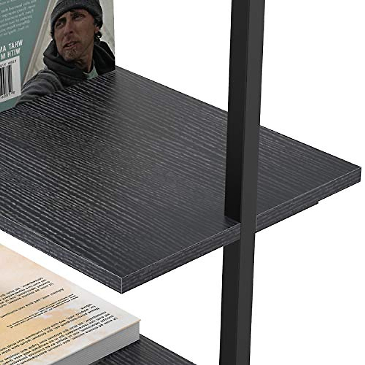 UVII Ladder Shelf Bookshelf, 5-Tier Industrial Bookshelf with Metal Frame and Wood Board, Wall Mounted Bookcase Open Shelf Organizer for Home Office, Bedroom and Living Room, Black Walnut