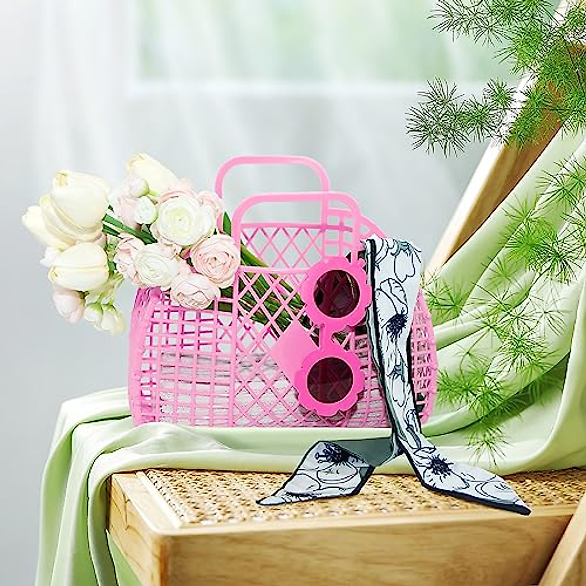 iSpralo Jelly Bag - Girls Jelly Purse Jelly Tote Girls Beach Bag with Flower Sunglasses, Retro Jelly Basket for Easter, Halloween, Bridal (Pink)