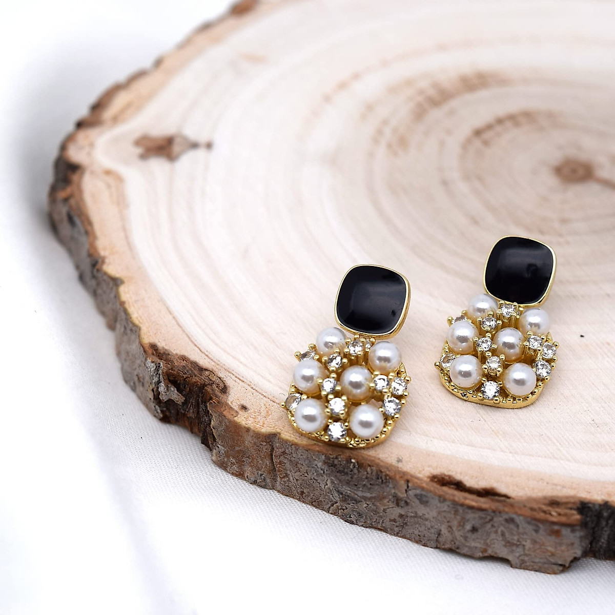 AYNN 18k Gold Plated Black Square Cubic Zircon Pearl Drop Dangle Earring Jewelry Hypoallergenic