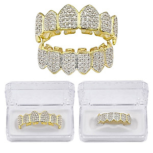 Moca Jewelry Hip Hop Unisex 18K Gold Plated Iced Out CZ Simulated Diamond Top Bottom Teeth Grillz Set for Men Women