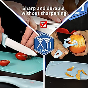 XYJ Authentic Since 1986,Chef Cake Knives Set With Paring Knife,Ceramic Utility Knives,Chopping Board,Fruit Fork,Serrated Pizza Bread Baking Knife,Kitchen Slicing Fruit Vegetable Cutter Blue