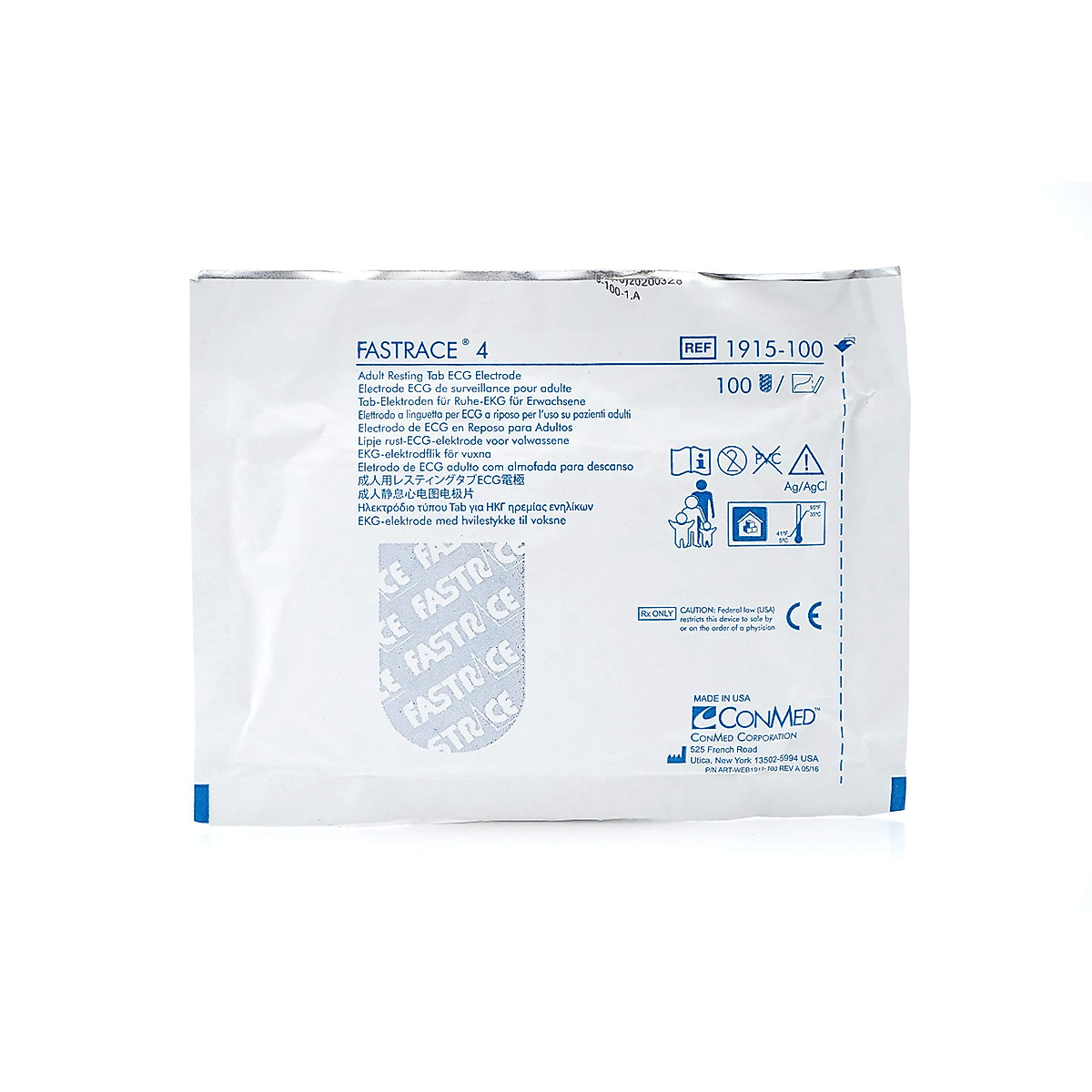 ConMed 1915-100 Fastrace 4 Adult Resting Tab ECG Electrode, Conductive Adhesive Gel, Latex-Free, Pack of 1000