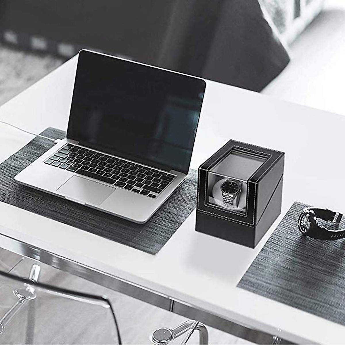 Aokelily Automatic Single Watch Winder, in Wood Shell and Black Leather/Carbon Fiber Leather, Japanese Motor