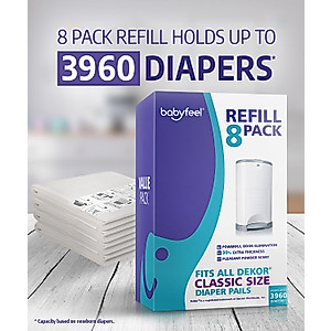 Babyfeel Refills Compatible with DEKOR CLASSIC Diaper Pails | 8 Pack | Exclusive 30% Extra Thickness | Diaper Pail Refills with Powerful Odor Elimination | Powder Scent | Holds up to 3960 Diapers