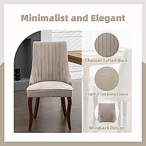 MZDOO Dining Chairs Set of 4，Linen Channel Tufted Kitchen Dining Room Chair with Curved Solid Wood Legs, Comfortable Fabric Upholstered Dining Chair for Dining Room, (Rustic Beige, 4pc)
