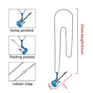 Magna Steel Men's Stainless Steel Rock Electric Guitar Bass Pendant Necklace with 24" 3mm Rolo Chain (Blue)