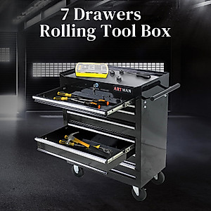 WTRAVEL Rolling Tool Chest with 7-Drawer Tool Box with Wheels Multifunctional Tool Cart Mechanic Tool Storage Cabinet for Garage, Warehouse, Workshop, Repair Shop (Black)