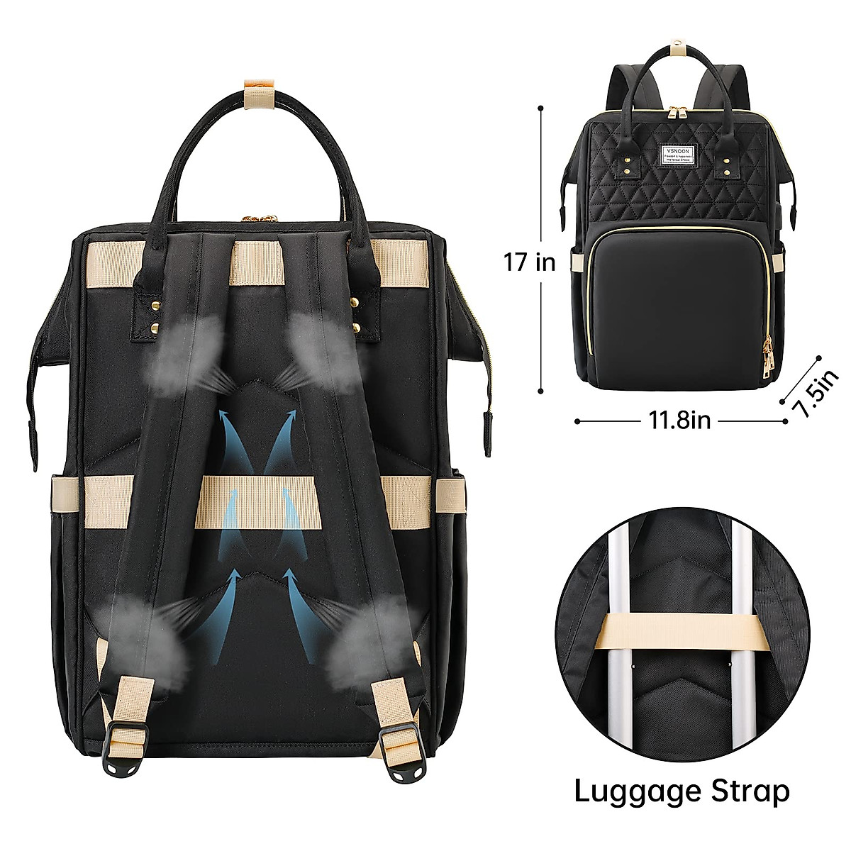 VSNOON Laptop Backpack for Women, 15.6 Inch Travel Backpack Purse with USB Port, Stylish, Water Resistant, Backpack for Women Men Girls Teacher Nurse School Work Travel, Black