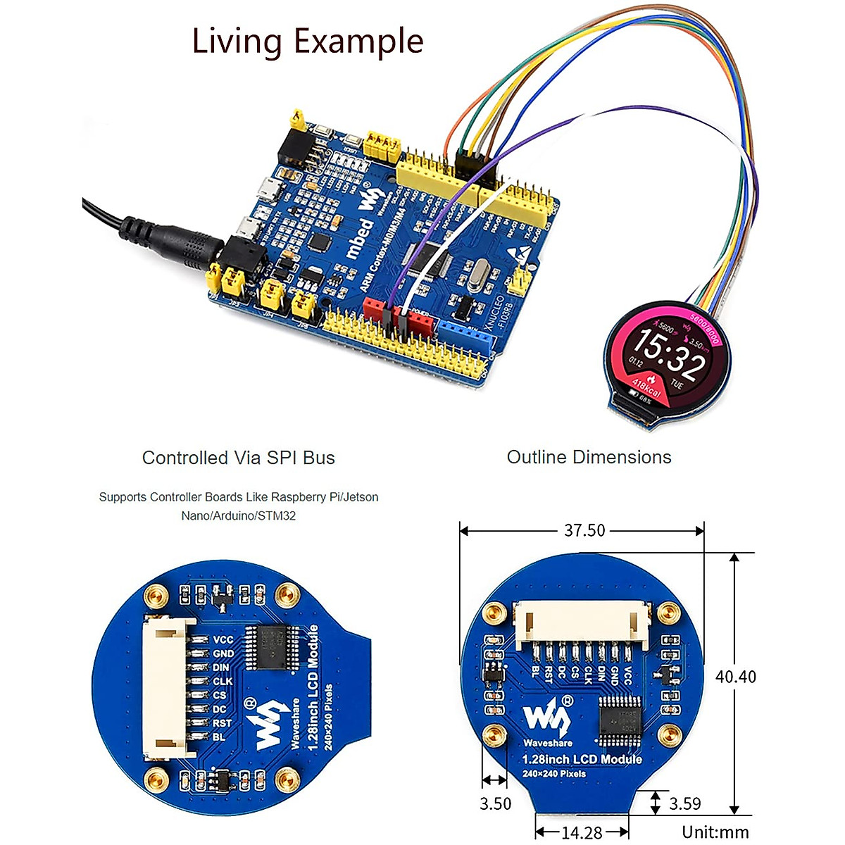 waveshare 1.28inch Round LCD 240×240 Resolution 65K RGB IPS Display Module for Arduino Raspberry Pi Jetson Nano STM32,SPI Interface GC9A01 Driver Clear and Colorful Displaying Effect