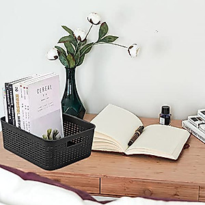 LIQIU 4-Pack Plastic Storage Basket Bins,Plastic Storage Baskets for Organizing,Weave Basket Organizer for Kitchens,Classrooms,Bathroom(12.2" × 10" × 4.5",Black).