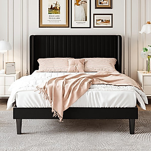 SHA CERLIN Queen Size Velvet Bed Frame with Vertical Channel Tufted Wingback Headboard, Upholstered Platform Bed with Wood Slats, No Box Spring Needed, Easy Assembly, Black